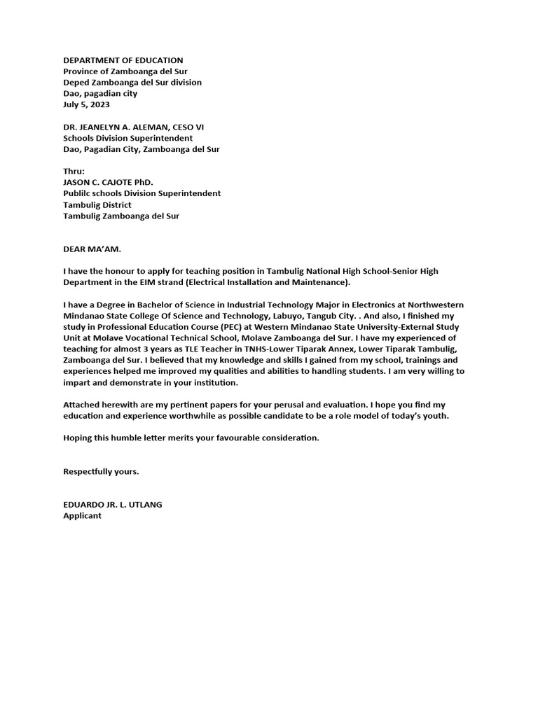 Application for Teaching Position EIM Strand | PDF