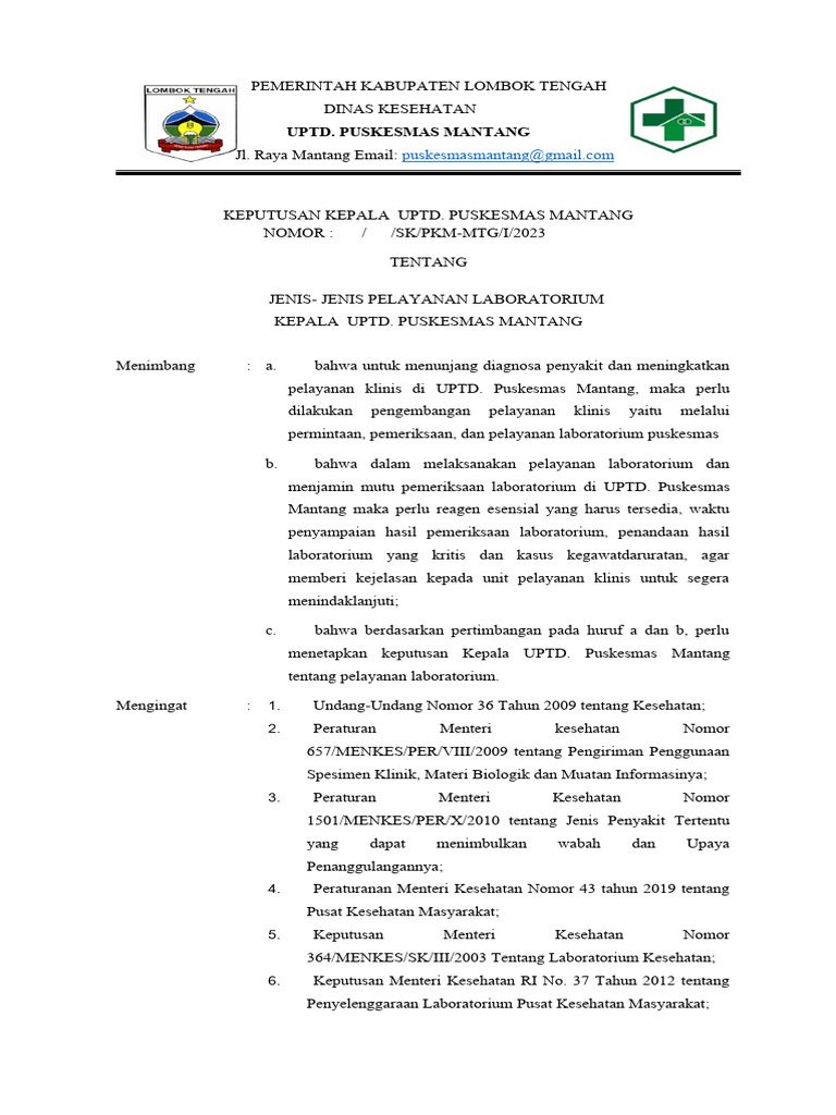 SK Tentang Jenis-Jenis Pelayanan Lab | PDF