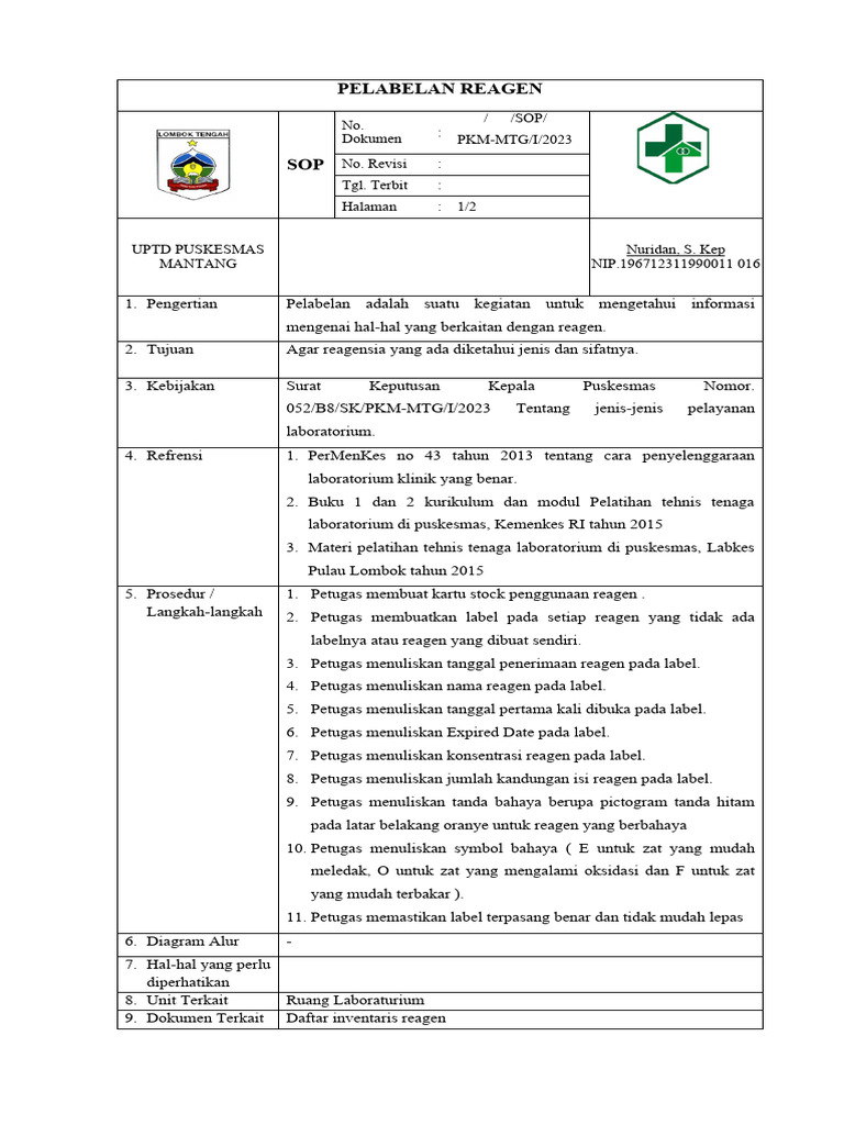 1 Sop Pelabelan Reagen Esensial | PDF