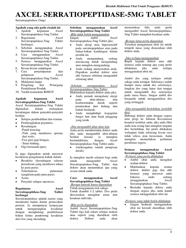 Axcel Serratiopeptidase Tablet Serratiopeptidase KOTRA PHARMA M SDN BHD 25jan2018 BM | PDF
