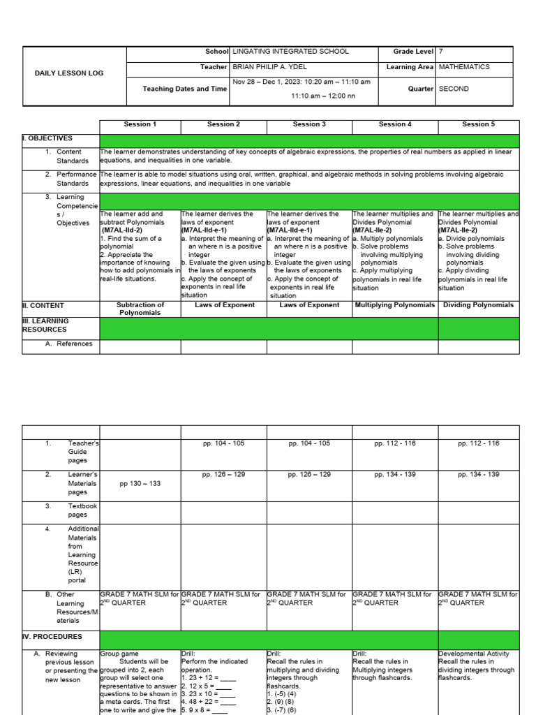 Grade 7 Math Lesson Plan: Polynomials | PDF