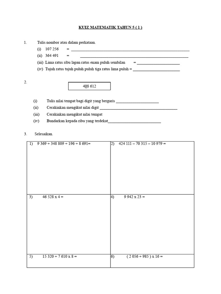 Kuiz Matematik Tahun 5 | PDF