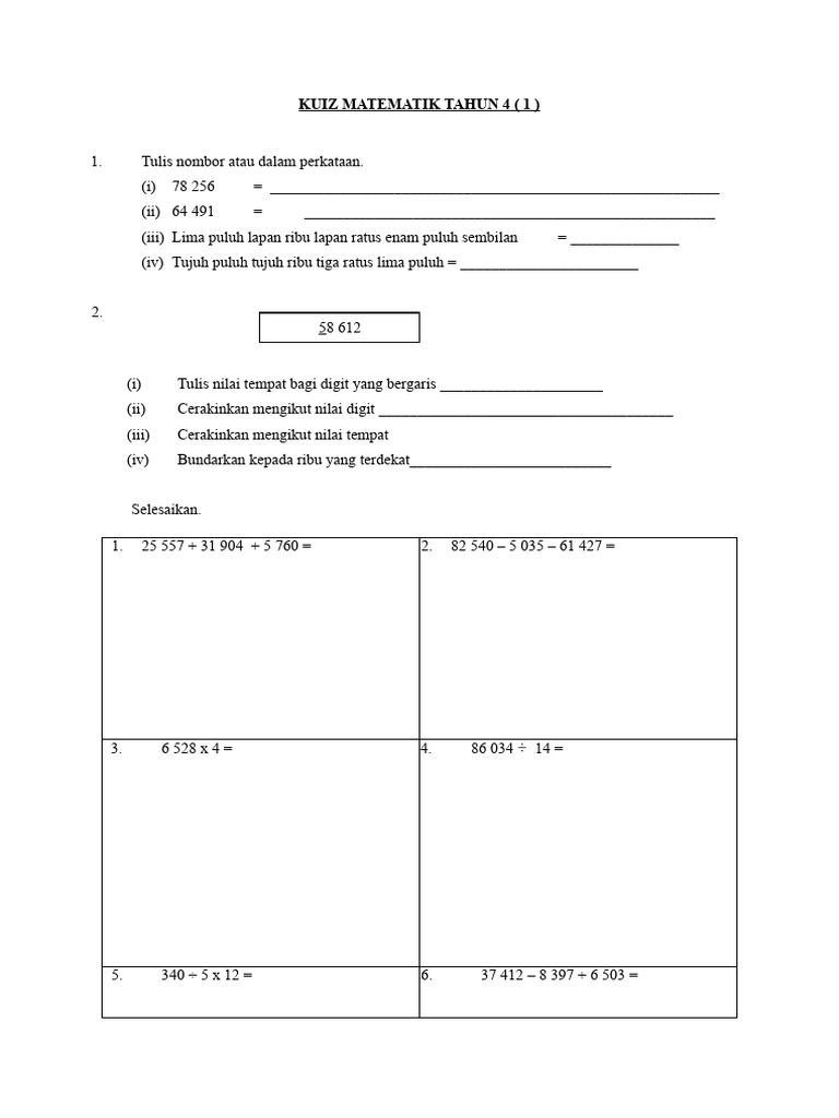 Kuiz Matematik Tahun 4 Lengkap | PDF