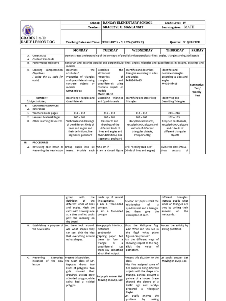 Q3 - Math4 DLL (W2) | PDF | Triangle | Shape