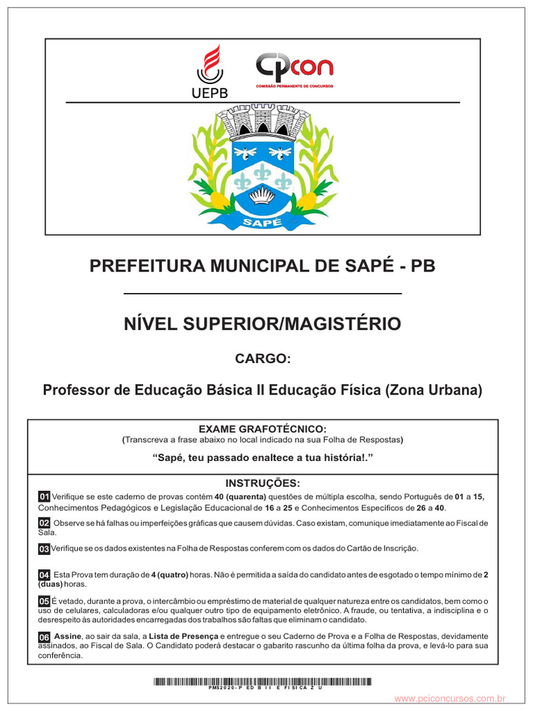 Sape Prof Educação Física 2020 Cpcon | PDF | Ciências Sociais | Filosofia