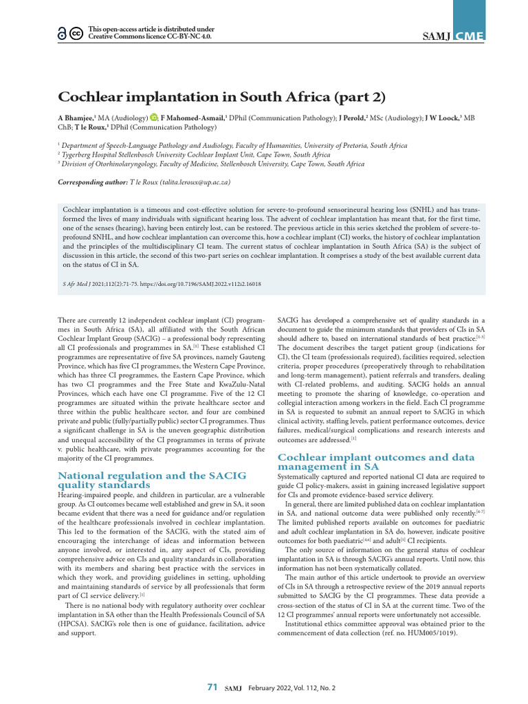 Bhamjee Et Al 2022 Cochlear Implantation in South Africa (Part 2) | PDF