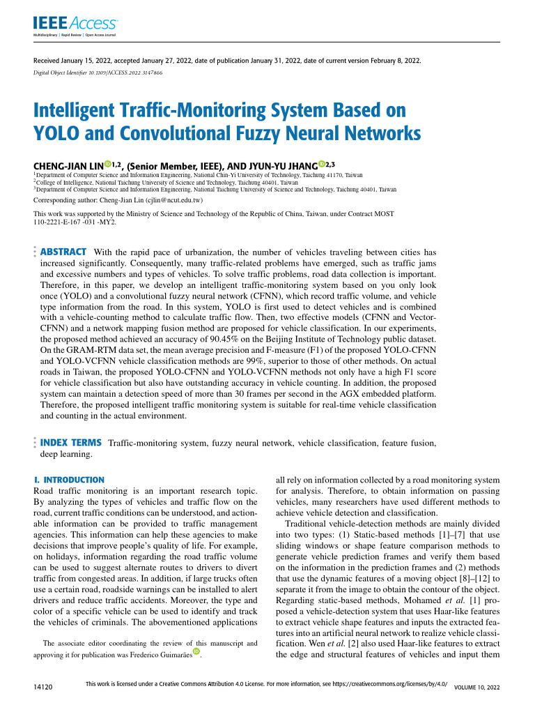 Intelligent Traffic-Monitoring System Based On YOLO and Convolutional Fuzzy Neural Networks ...