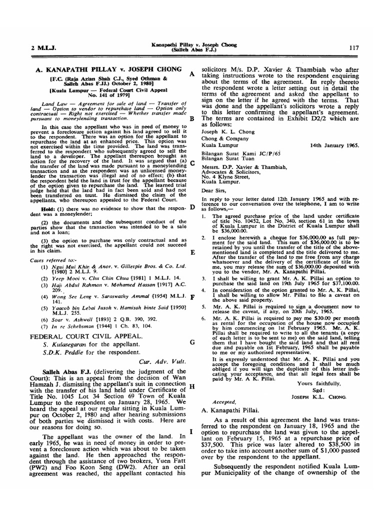 A Kanapathi Pillay V Joseph Chong | PDF