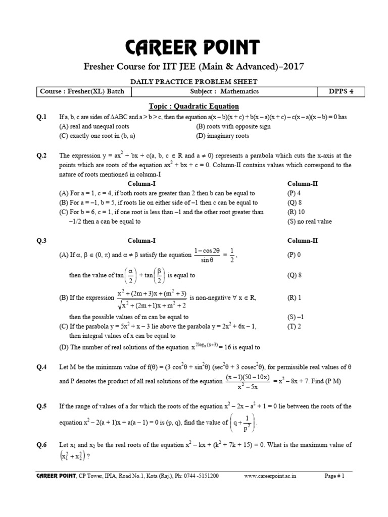 DPPS - 4 - Quadratic Equation | PDF | Teaching Methods & Materials