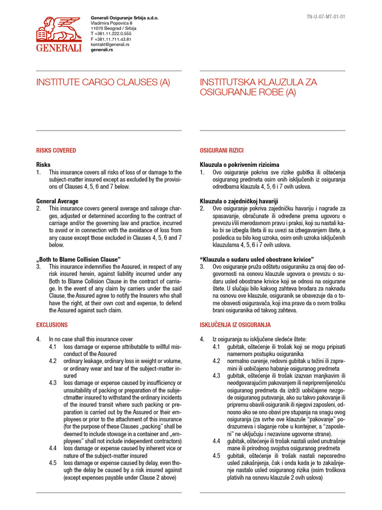 Institute Cargo Clauses (A) Overview | PDF | Private Law | Law And ...