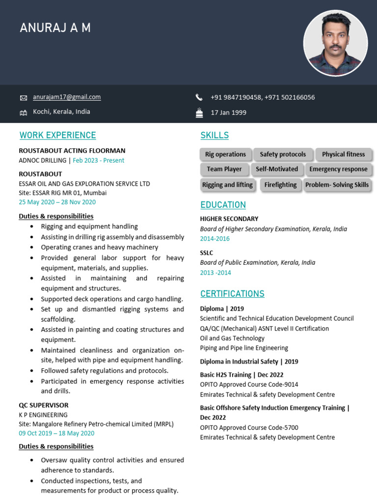 Anuraj A M CV 1-1 | PDF | Quality Assurance | Drilling Rig