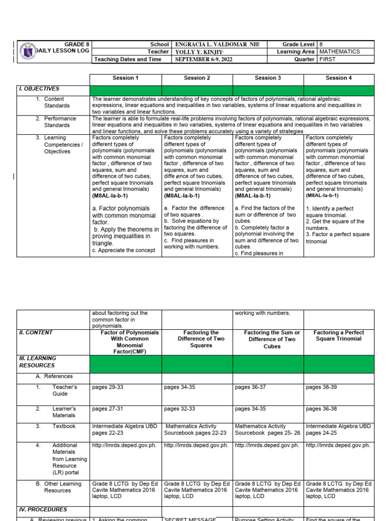 DLL in Math Quarter 1 Week 1 | PDF