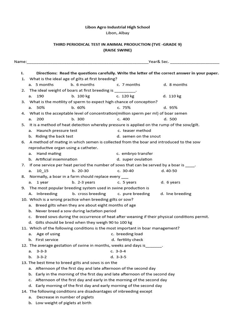 Third Periodical Test in Animal Production | PDF