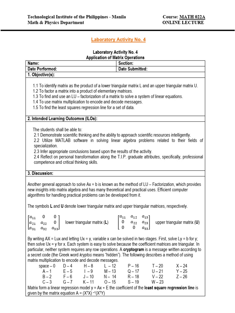 Matrix Operations Laboratory Activity | PDF | Matrix (Mathematics ...