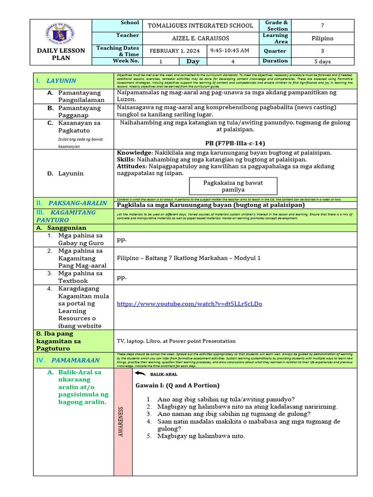 FILIPINO 7 -Bugtong at Palaisipan | PDF