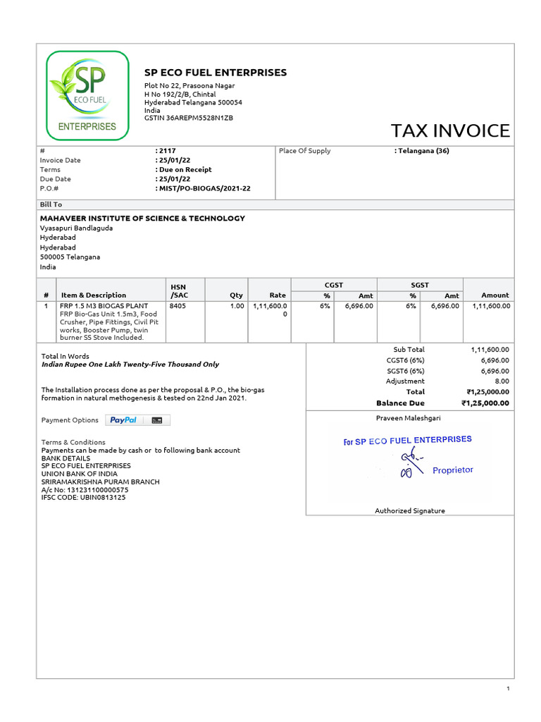 Biogas Plant Invoice Bill | PDF | Biogas | Invoice