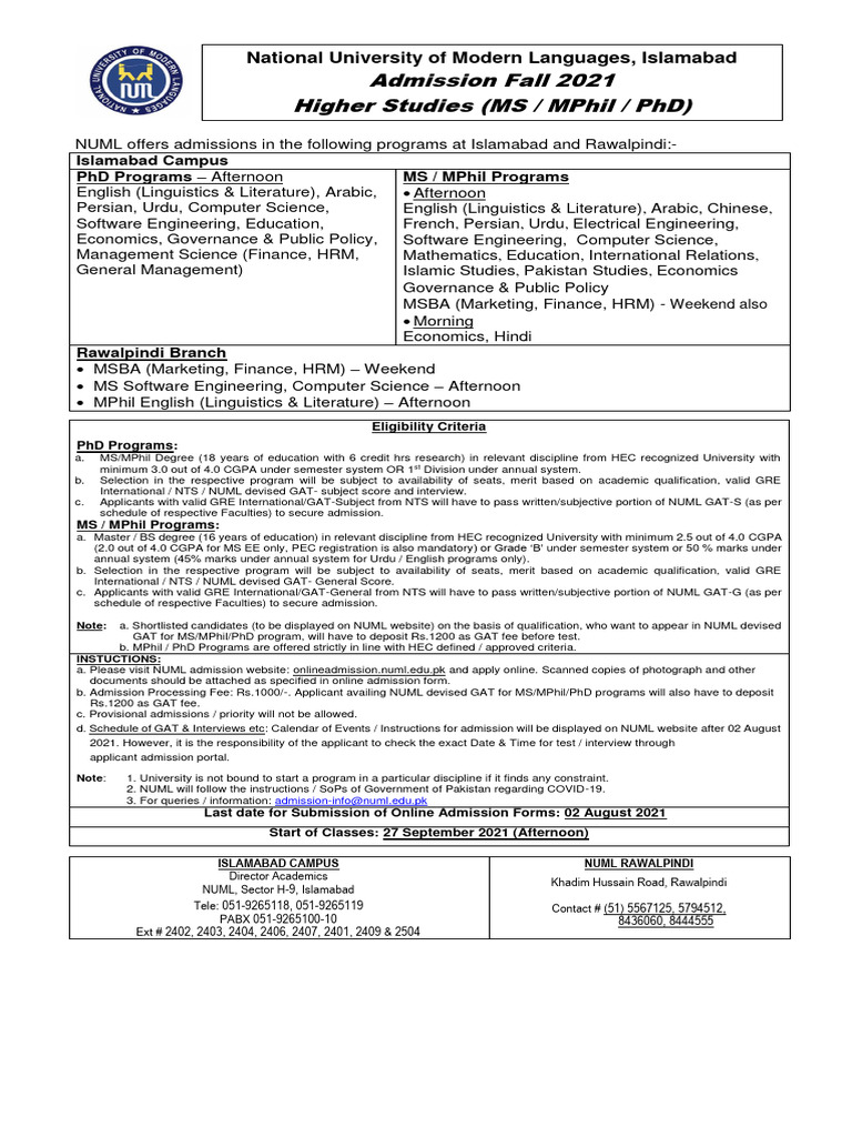 MS MPhil and PHD Advertise For NUML Uni | PDF