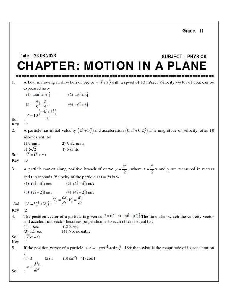 Grade 11 - Physics - MOTION IN A PLANE - Narayana Meterial - Worksheet ...