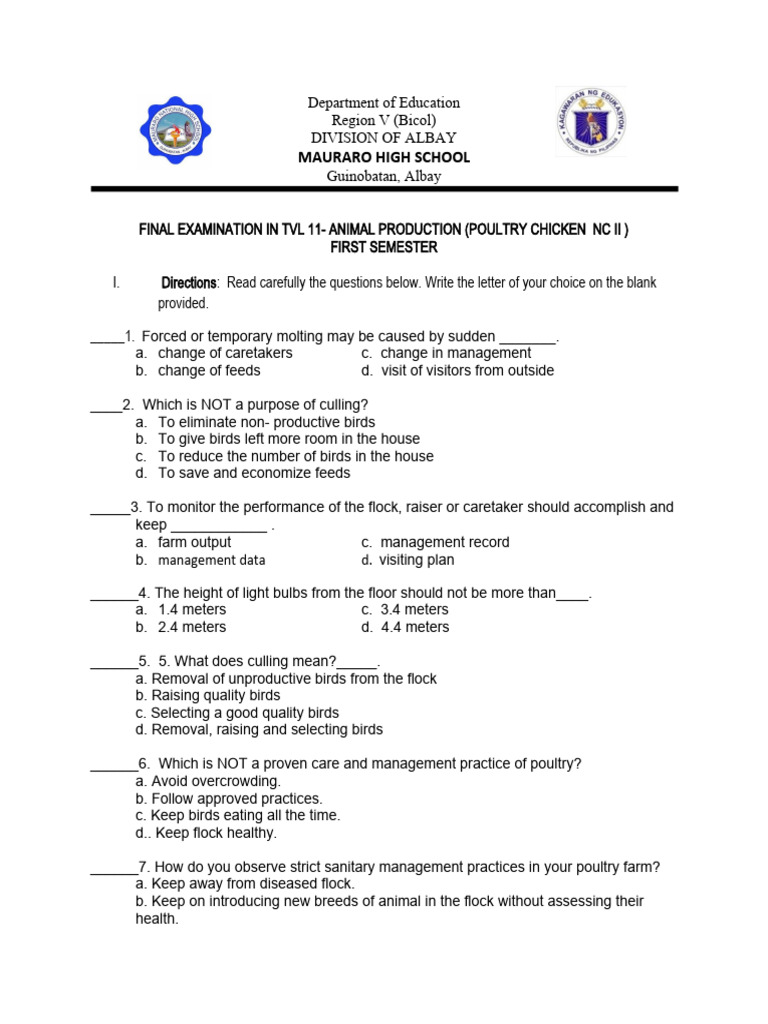 Final Exam in TVL 11-Poultry (First Semester) | PDF | Home & Garden ...