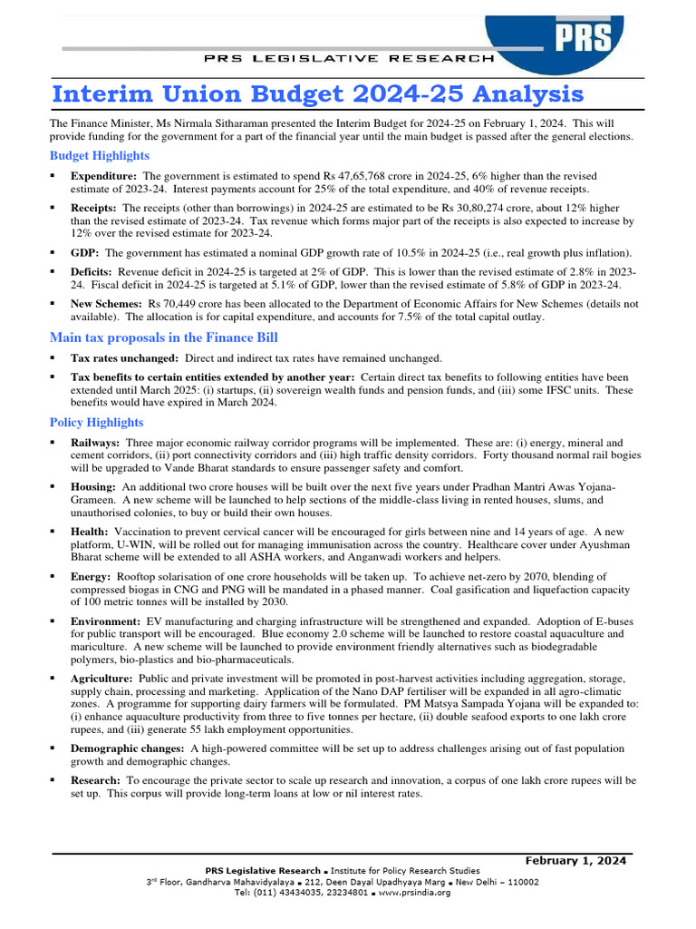 Interim Union Budget Analysis-2024-25 | PDF
