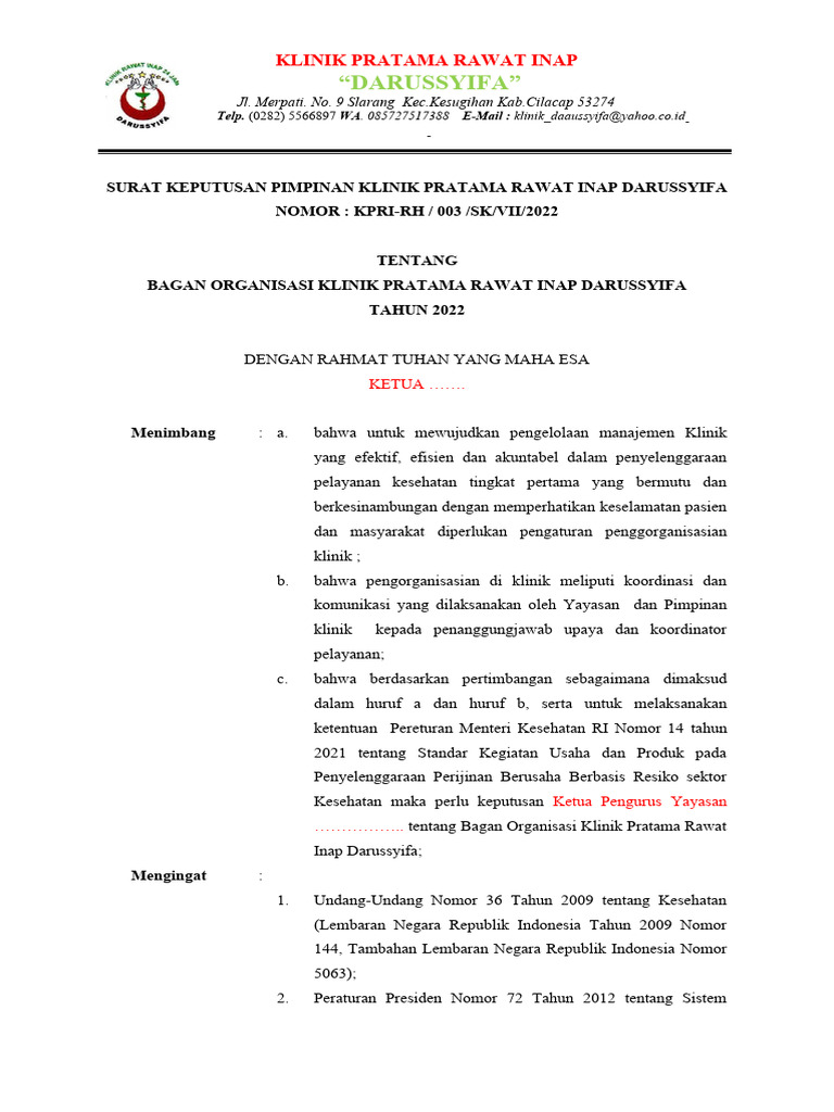 Standar 1 Ep 2 SK Struktur Organisasi Klinik (Yayasan) | PDF | Sains ...