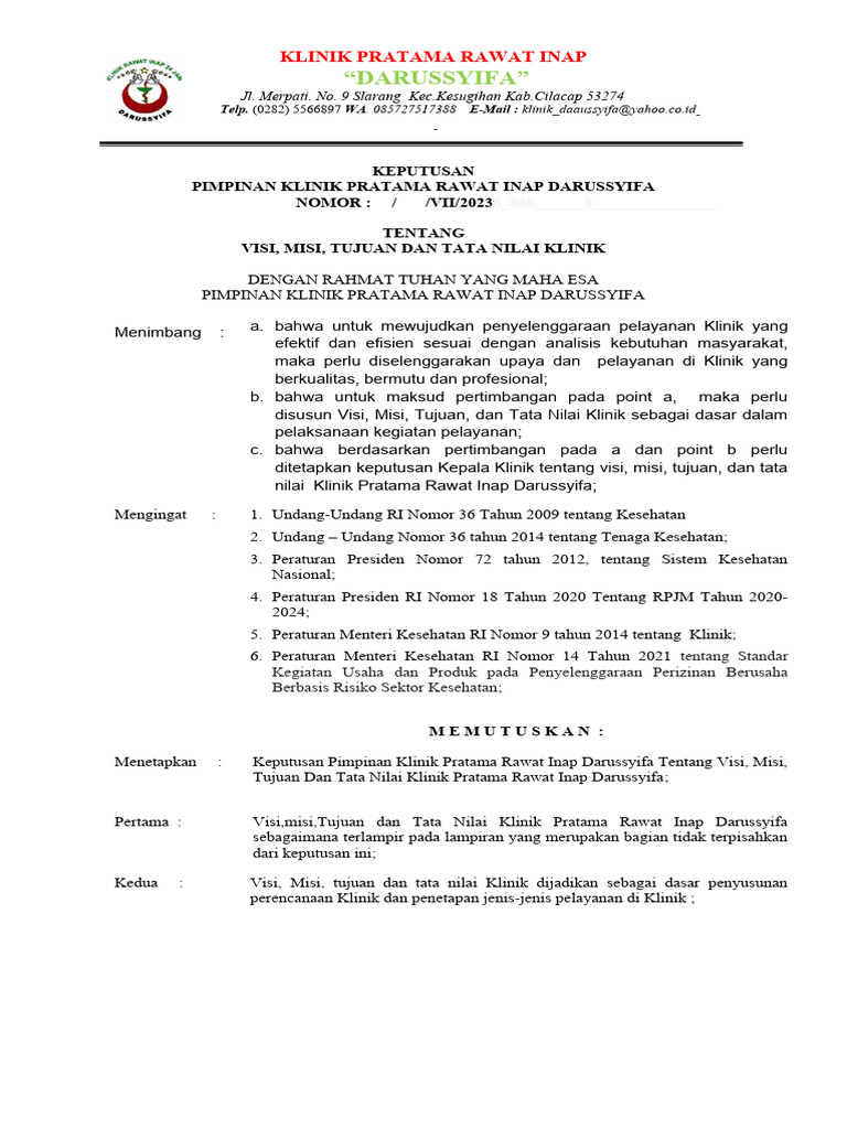 Standar 1 Ep 1 SK Visi Misi Tata Nilai Dan Tujuan Klinik | PDF | Sains & Matematika