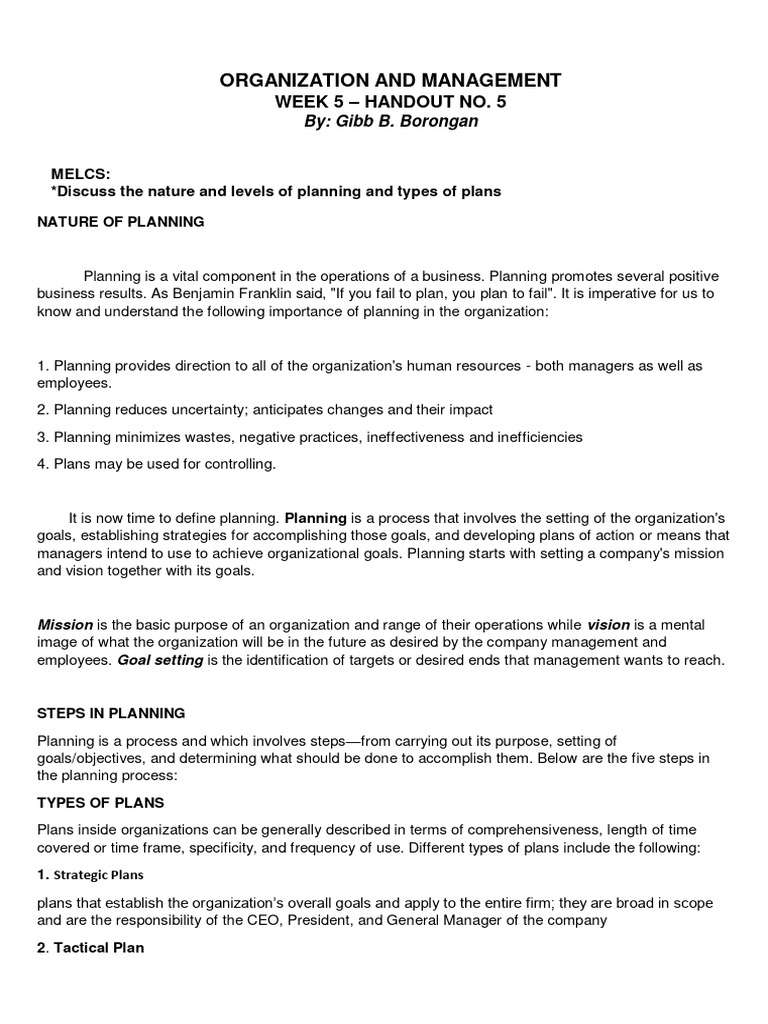 Handout Week 5 | PDF | Goal | Strategic Planning