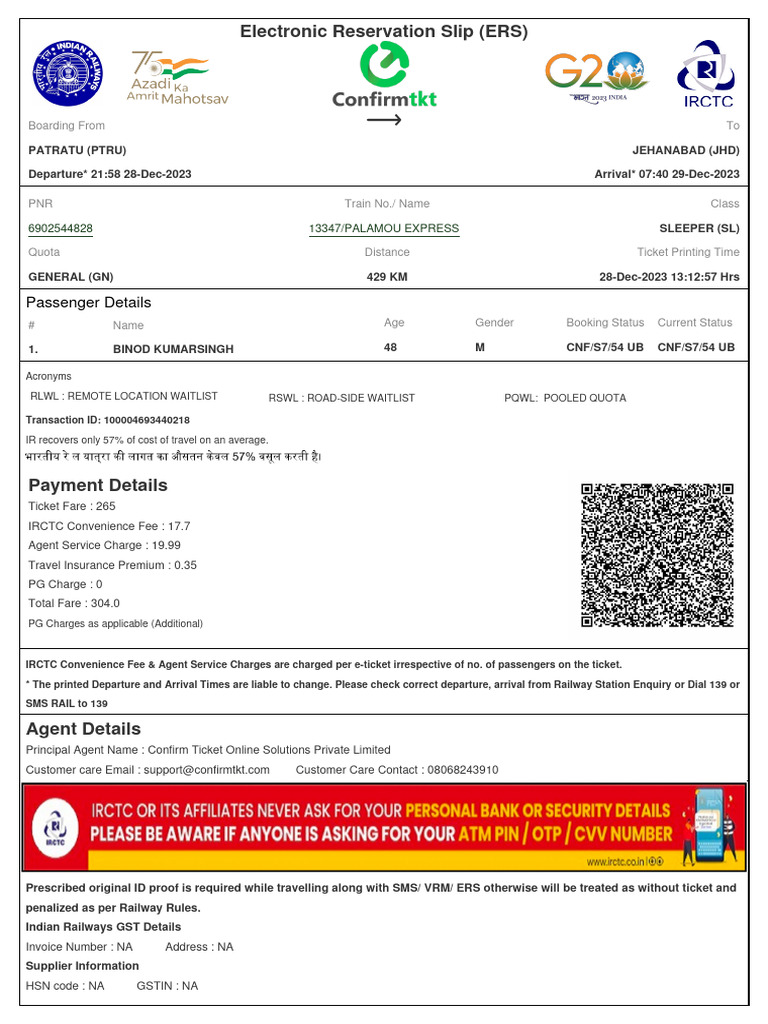 Indian Railways Electronic Reservation Slip | PDF | Identity Document