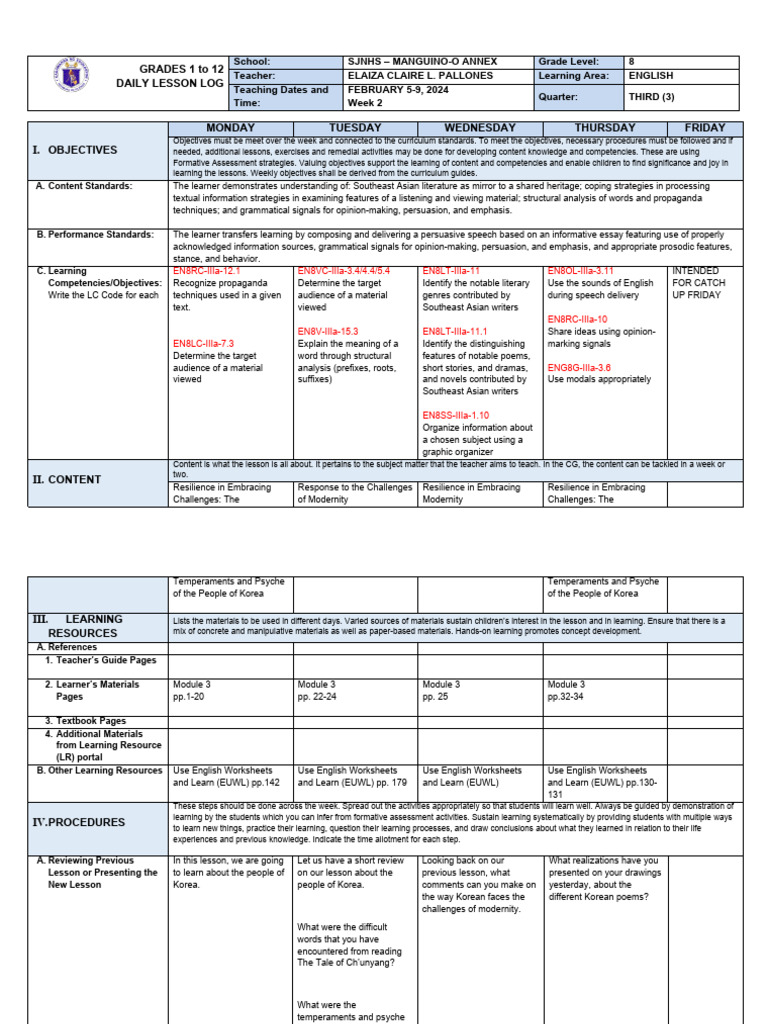 DLL ENG8 3RDQ Week1 | PDF | Learning | Curriculum