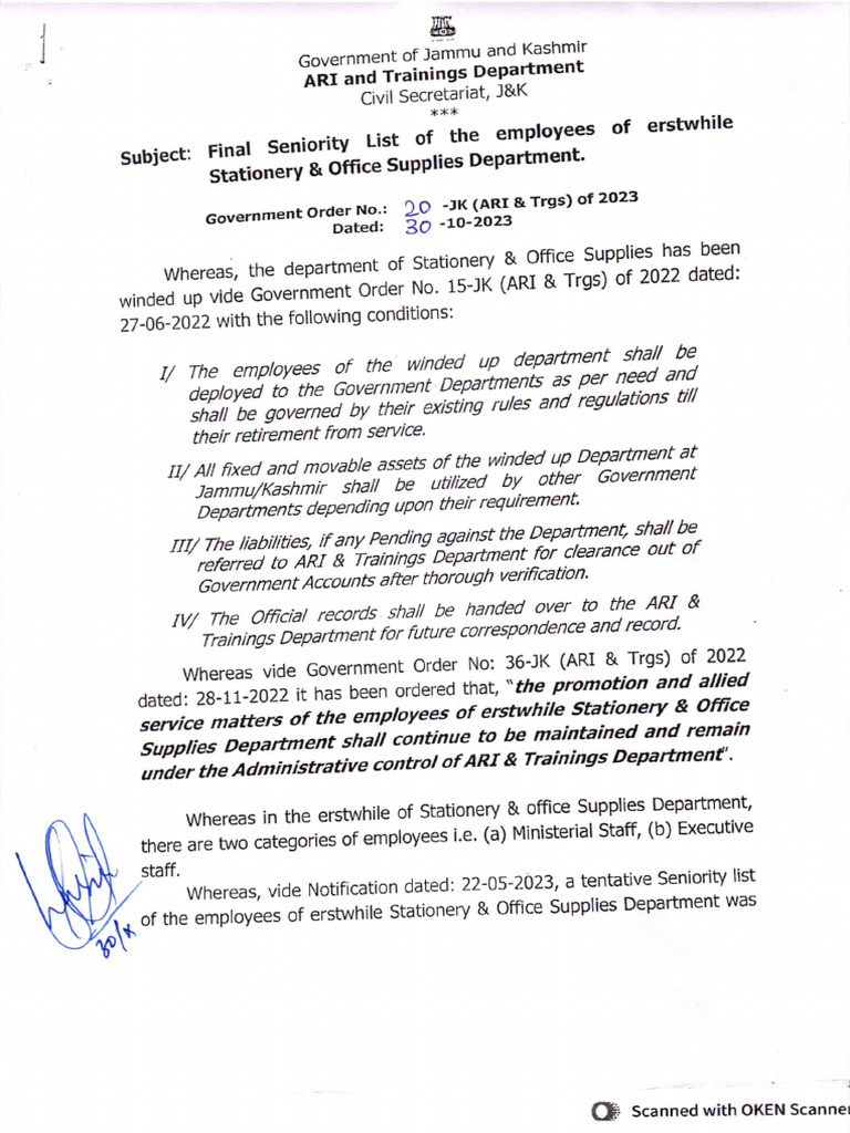 Govt Order No 20 of 2023 Dated 30-10-2023 Regarding Final Seniority ...