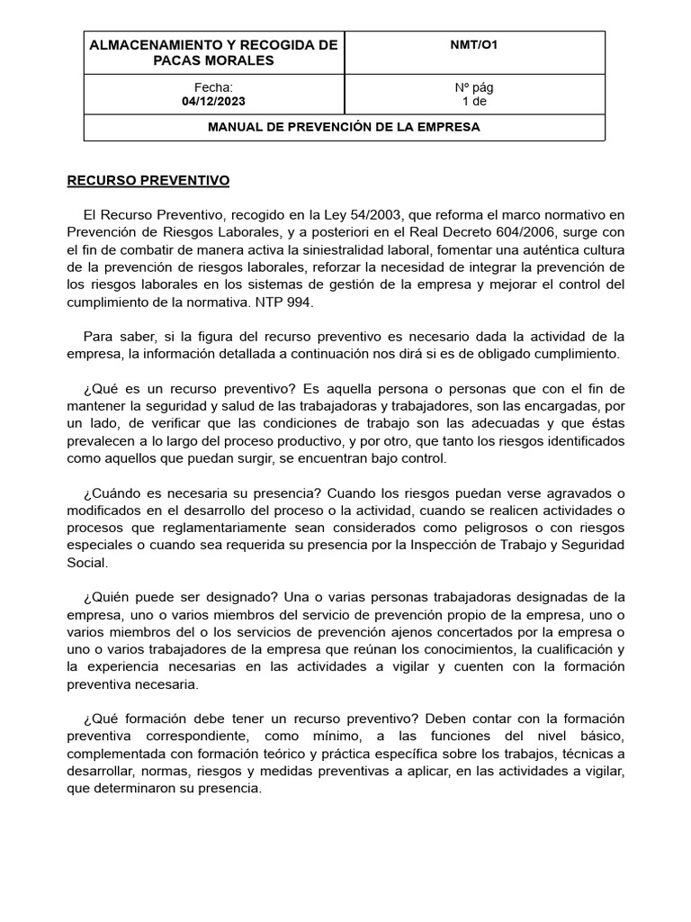 Recurso Preventivo en Prevención Laboral | PDF | Business | Seguridad y ...