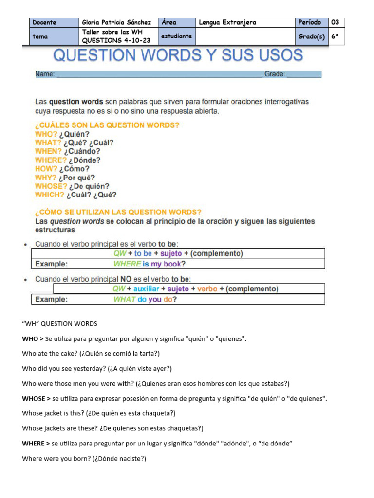 Taller sobre WH Questions | PDF