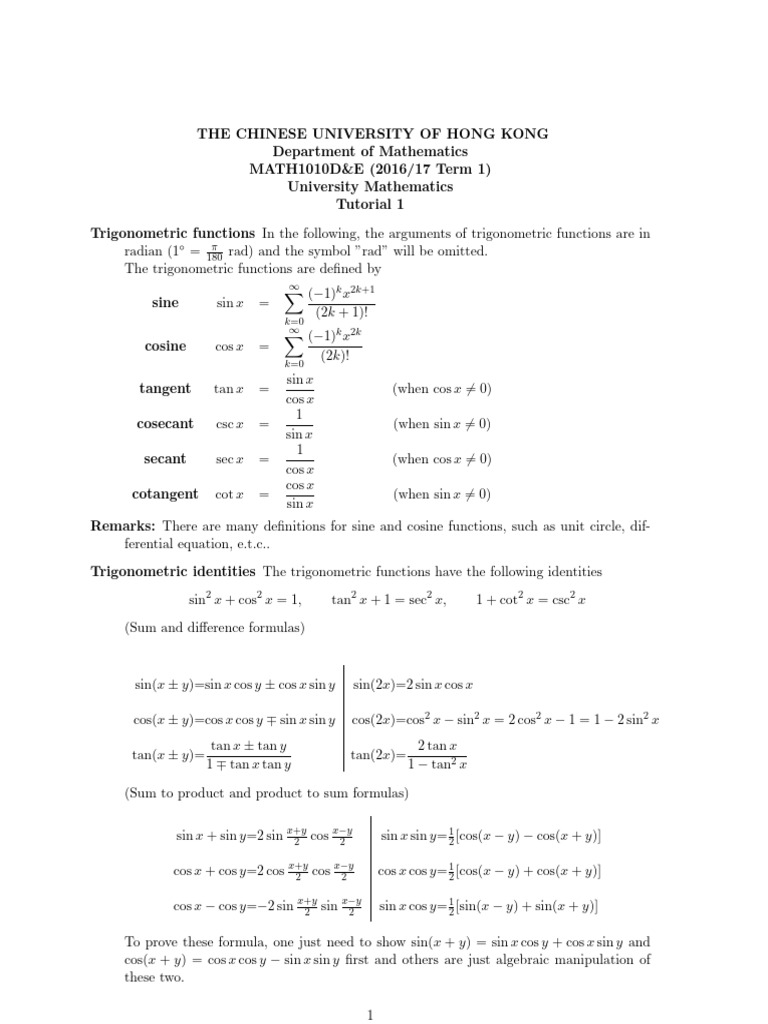 Math Tutorial1 Pdf Trigonometric Functions Mathematical Concepts