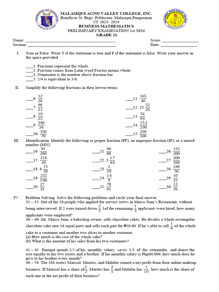 Grade 11 Business Mathematics Exam | PDF | Mathematics