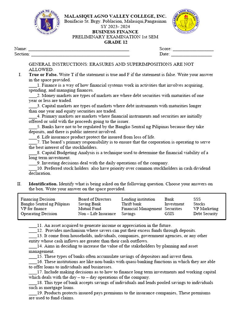 Grade 12 Business Finance Exam | PDF | Finance & Money Management