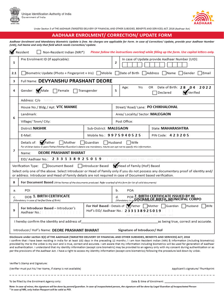 Devyanshu Prashant Deore Aadhaar Enrolment Correction Update Form Pdf
