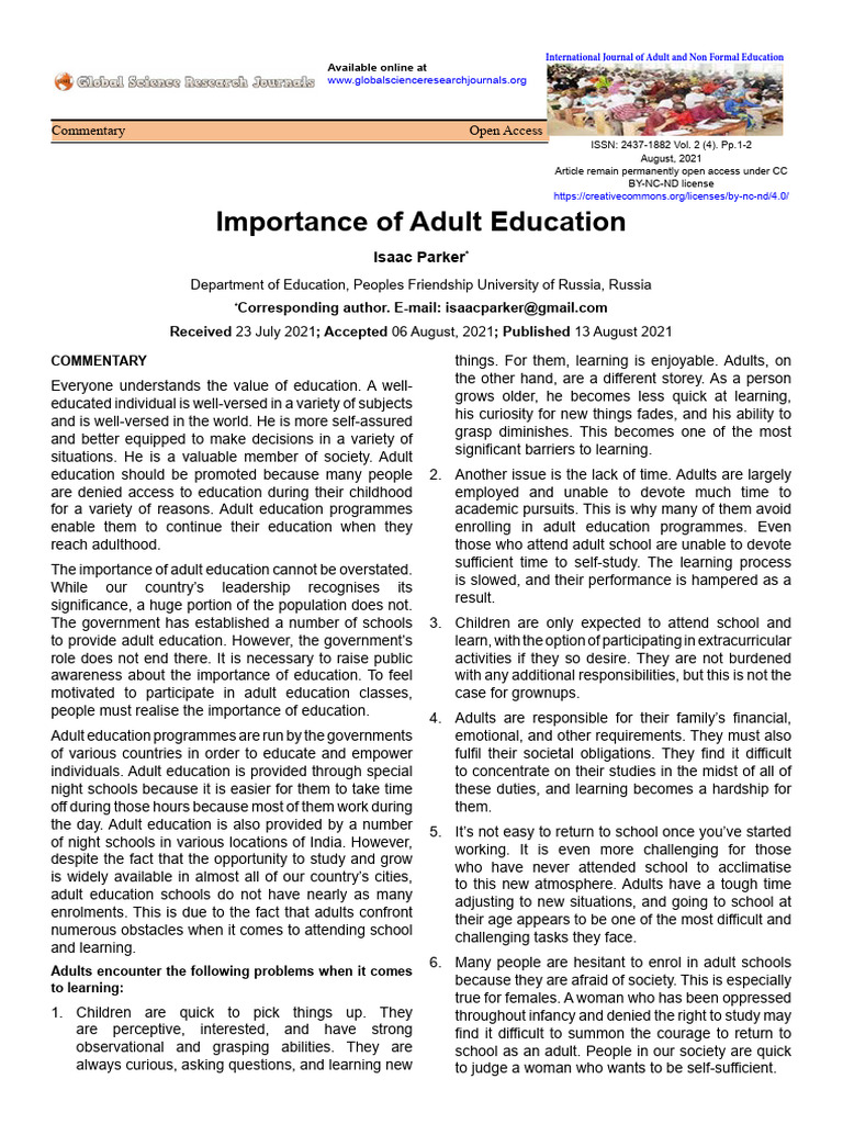 Importance of Adult Education Explained | PDF | Adult Education | Open ...