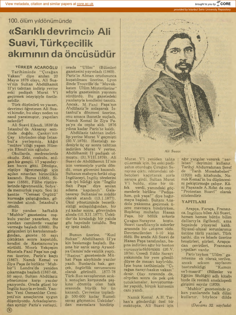 Sarıklı Devrimci Ali Suavi, Türkçecilik Akımının Da Öncüsüdür | PDF