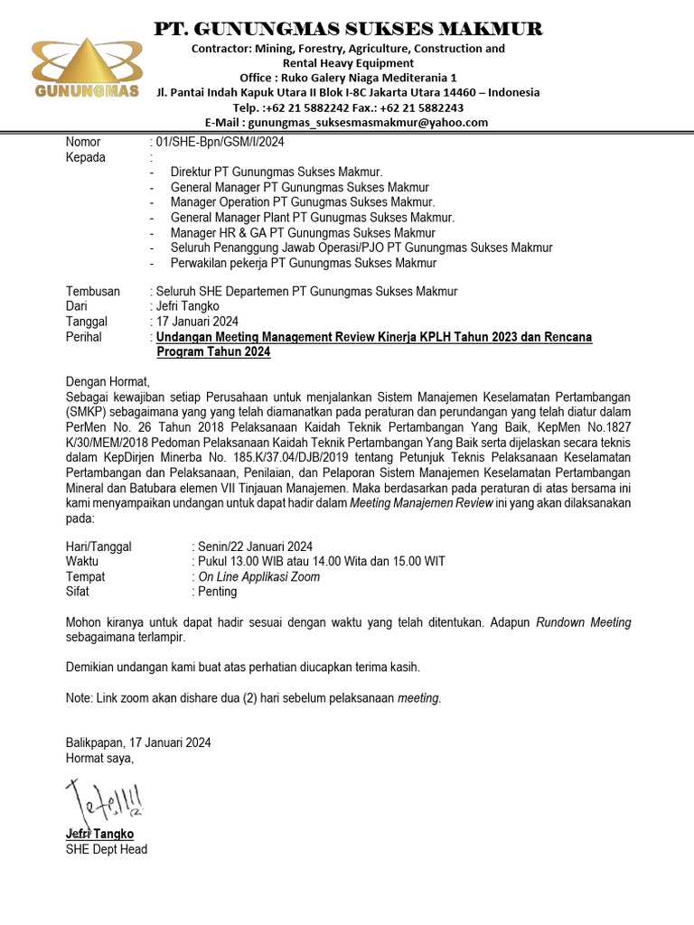 Surat Undangan Pelaksanaan Meeting Management Review - GSM | PDF