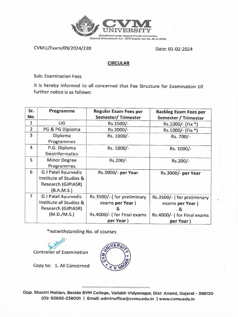 Exam Fees Circular 01-02-2024 | PDF