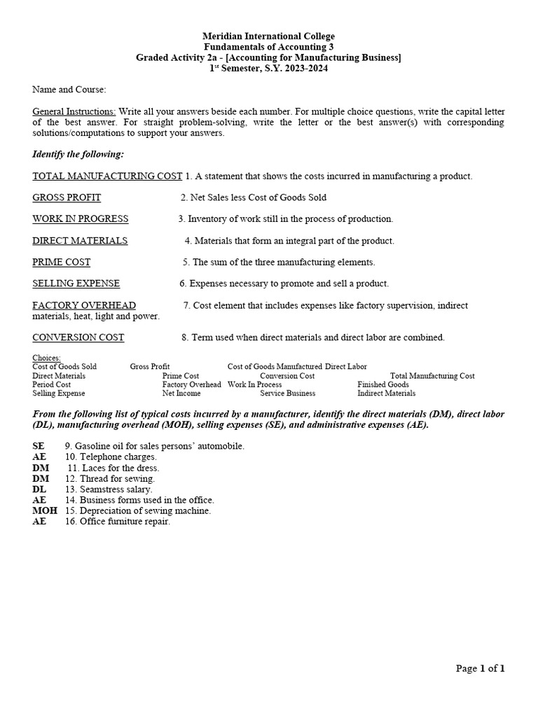 Graded Activity 2a - Accounting for Manufacturing Business | PDF