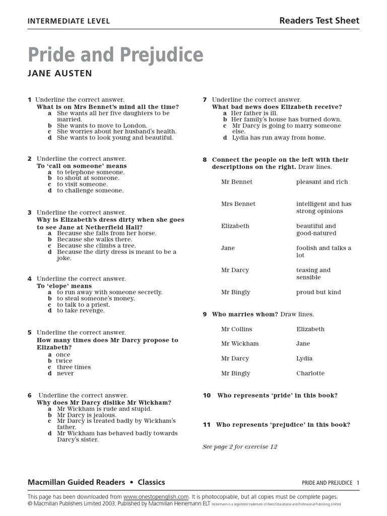 Pride and Prejudice Test Sheet | PDF