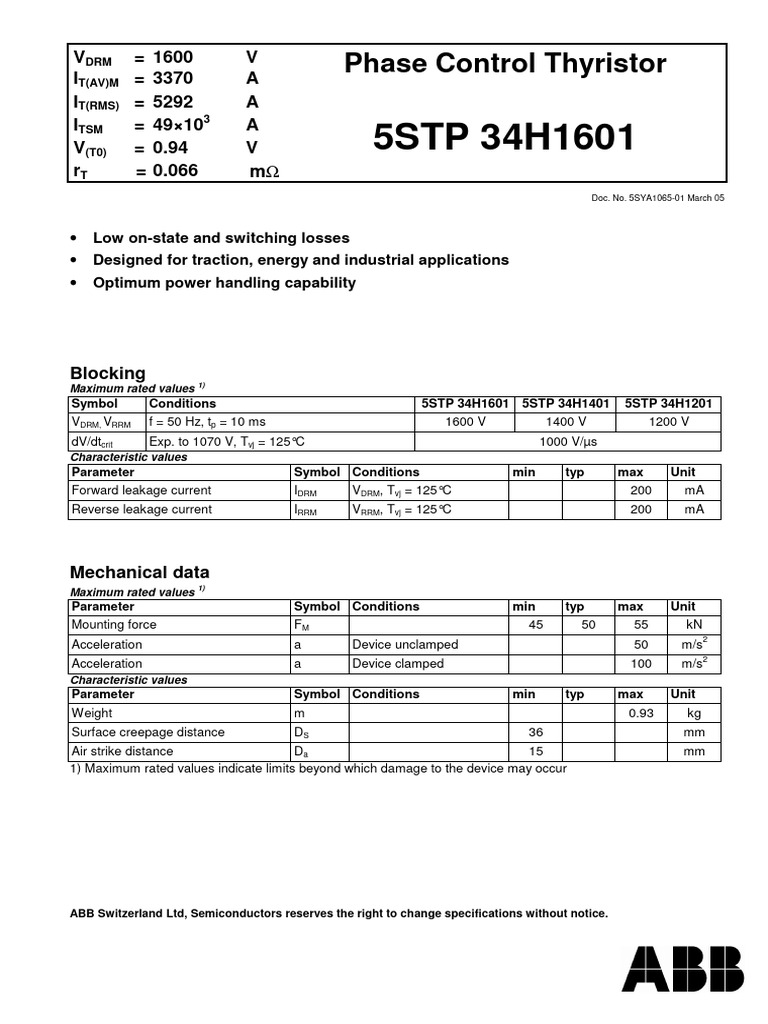 5STP 34H1601 Thyristor Specifications | PDF | Materials Science ...