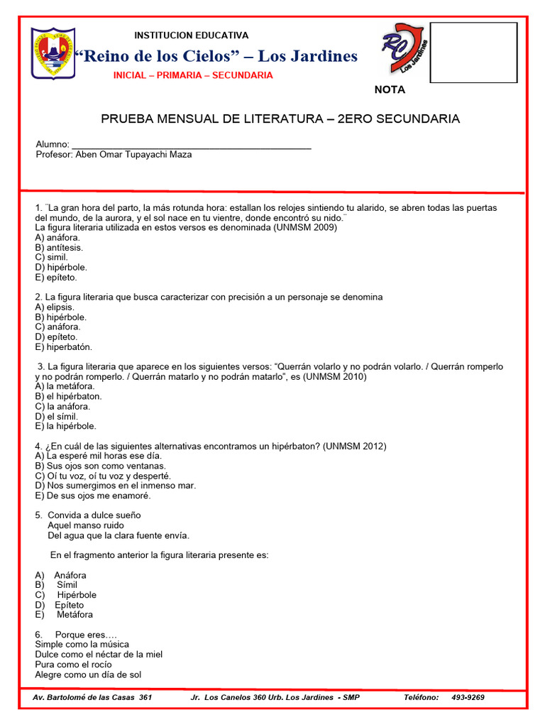 Examen 2ero Literatura | PDF | Técnicas Retóricas | Recursos poéticos