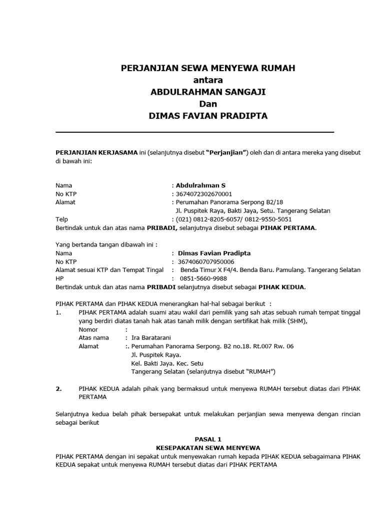 Surat Perjanjian Sewa Rumah | PDF