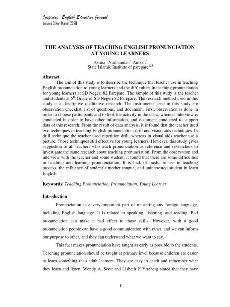 THE ANALYSIS OF TEACHING ENGLISH PRONUNCIATION AT YOUNG LEARNERS | PDF
