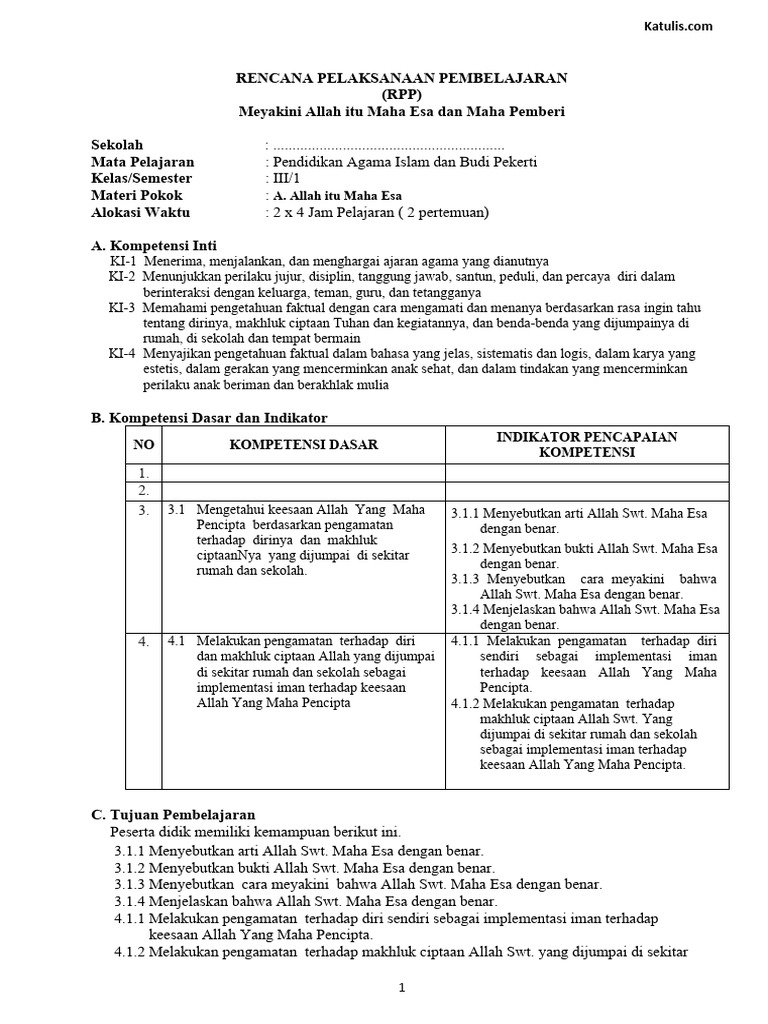RPP PAI K13 Kelas 3 Revisi 2018 Allah Itu Maha Esa | PDF