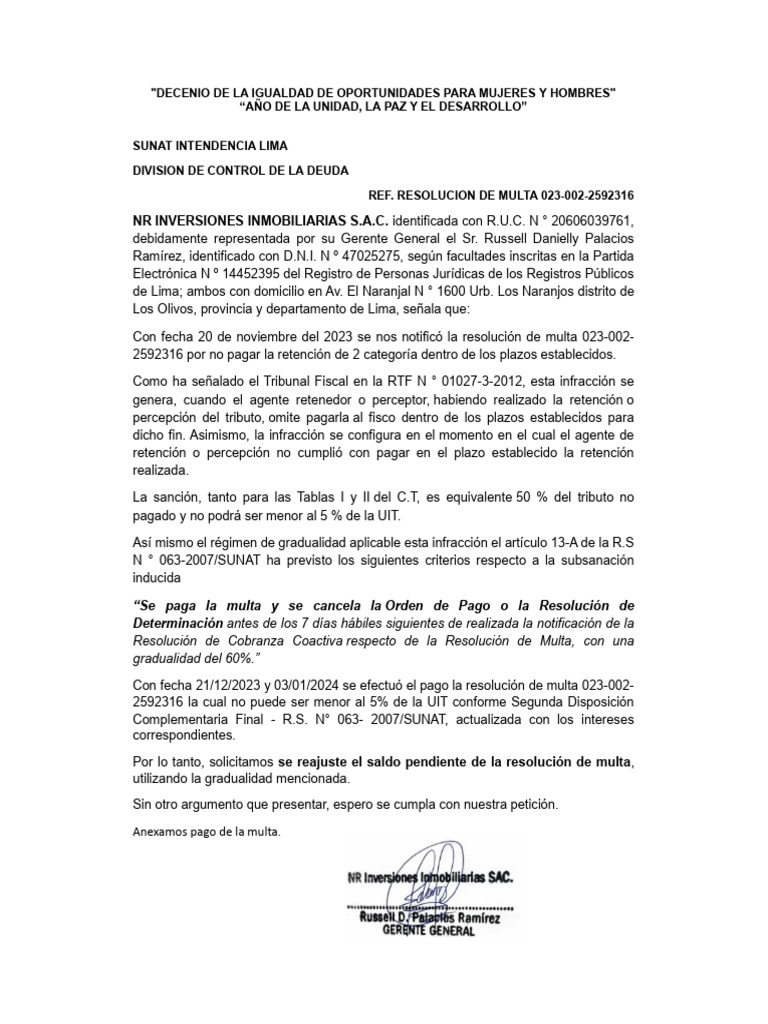 Escrito Resolucion de Multa Completo | PDF