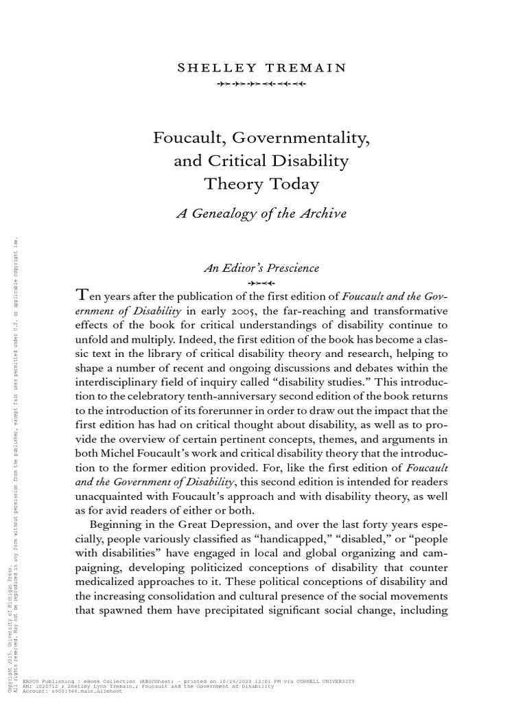 Tremain 2015 Foucault and The Government of Disability Book Intro To ...