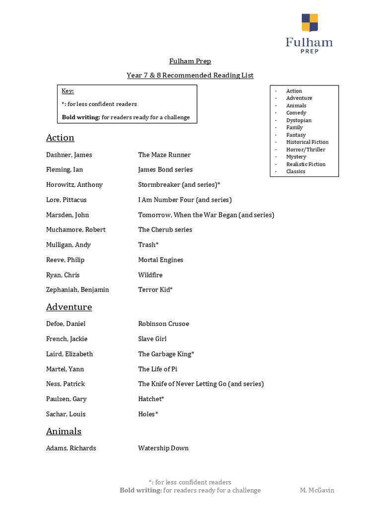 Year 7 & 8 Reading List Guide | PDF | Mystery, Thriller & Crime Fiction ...